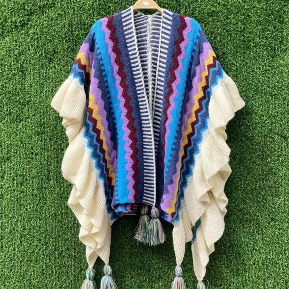 Accessories | Chevron Ruffle Shawl With Tassels Women Bohemian Poncho ...